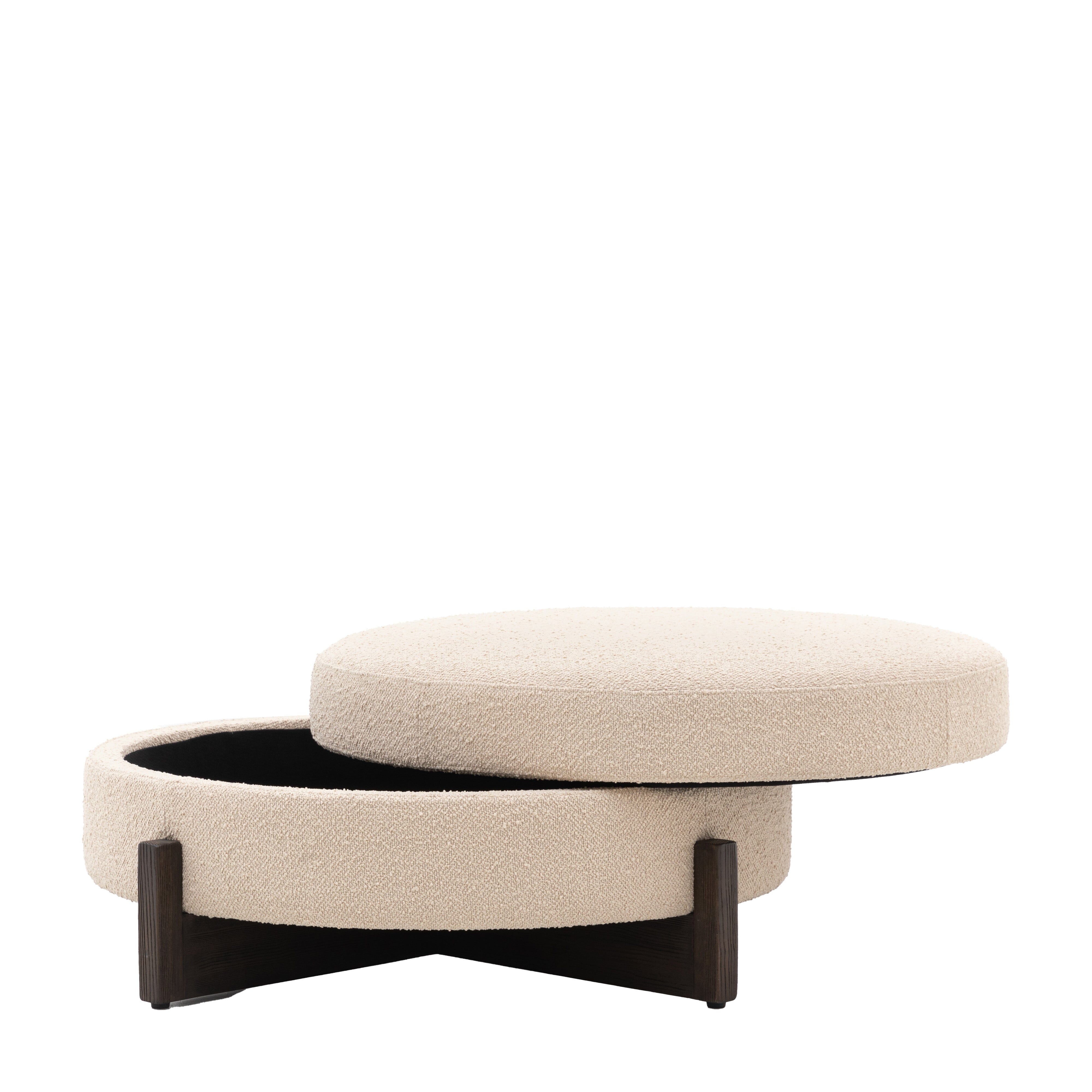 Richmond Neutral Boucle Round Storage Footstool with Walnut Detailing ...
