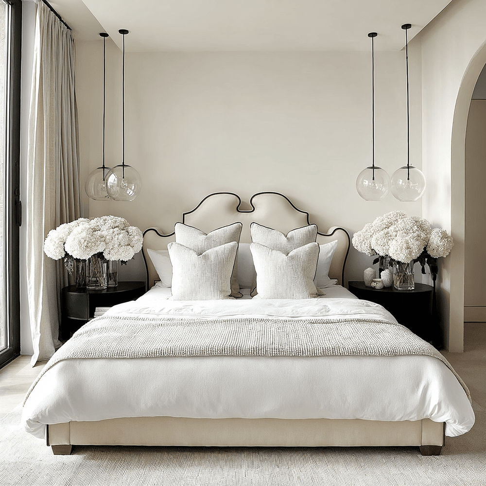 Seraphina Vanilla Velvet Statement Curved Bed with Black Piping Detail ...