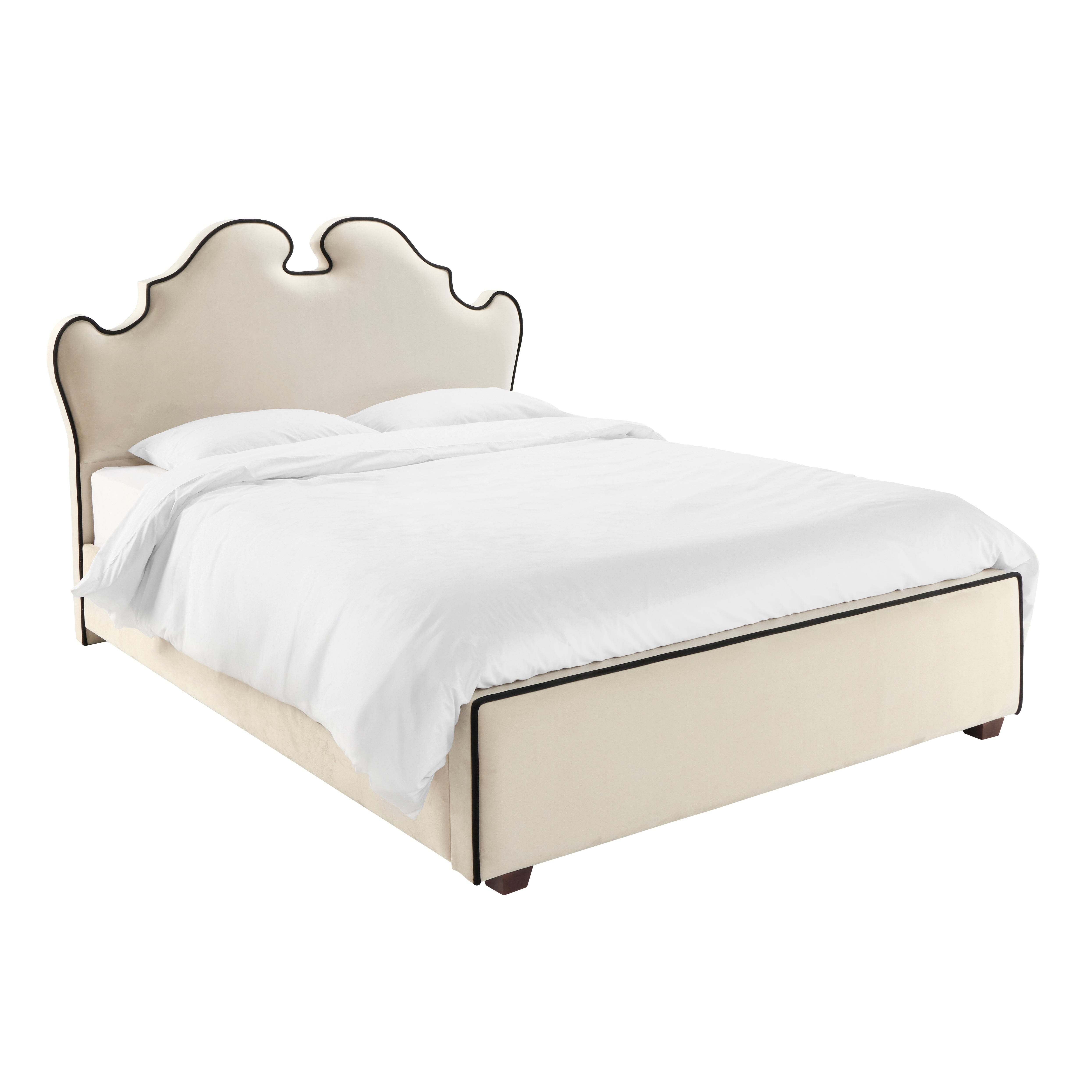Seraphina Vanilla Velvet Statement Curved Bed with Black Piping Detail ...