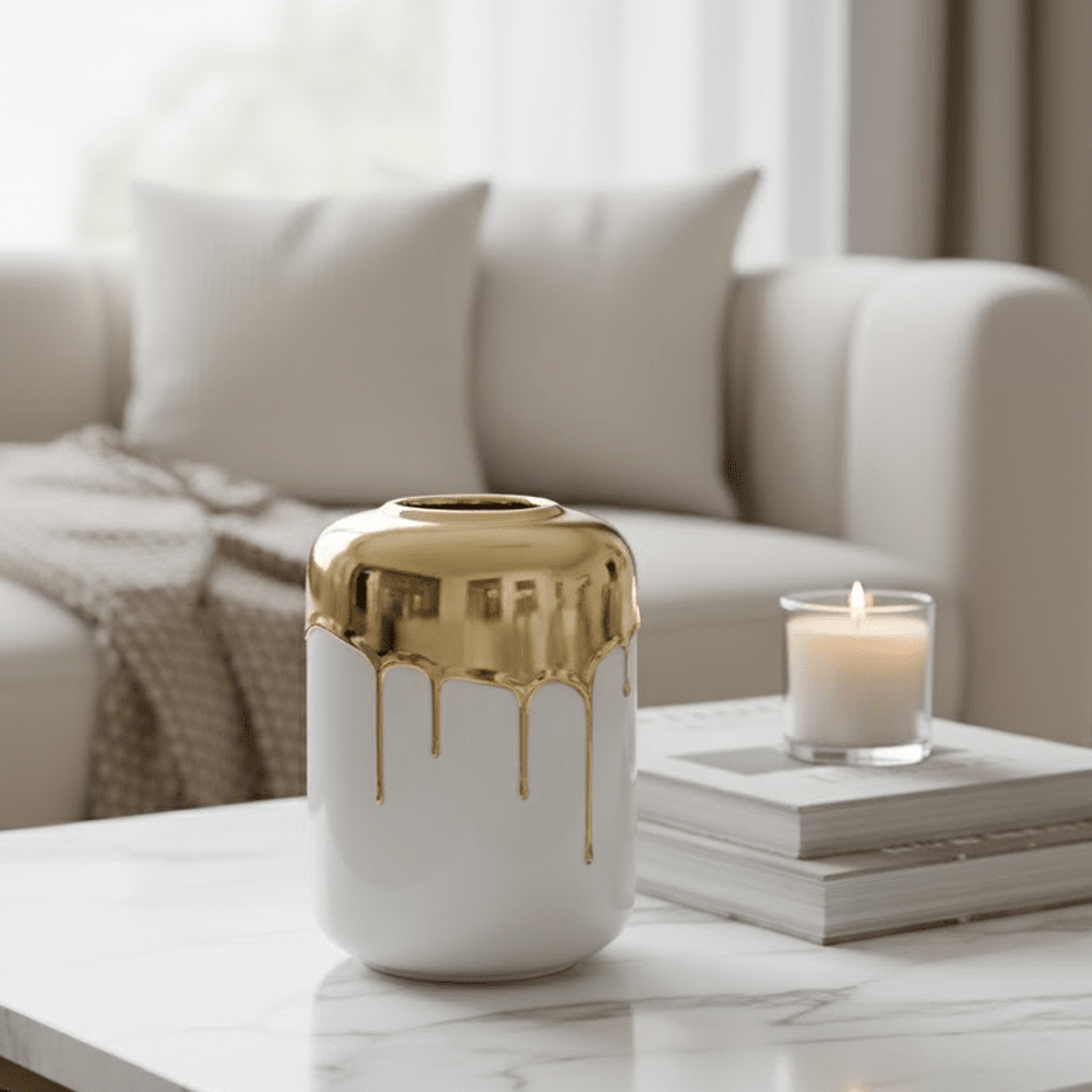 Vellore Petite Gold & White Drip Effect Vase – Rowen Homes