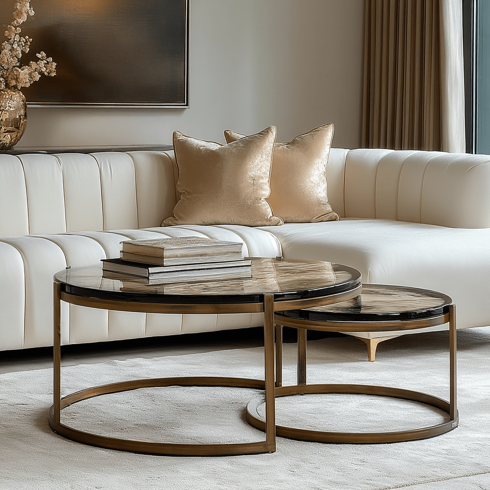 Vionette Antique Brass Nesting Coffee Tables with Amber Glass Top ...