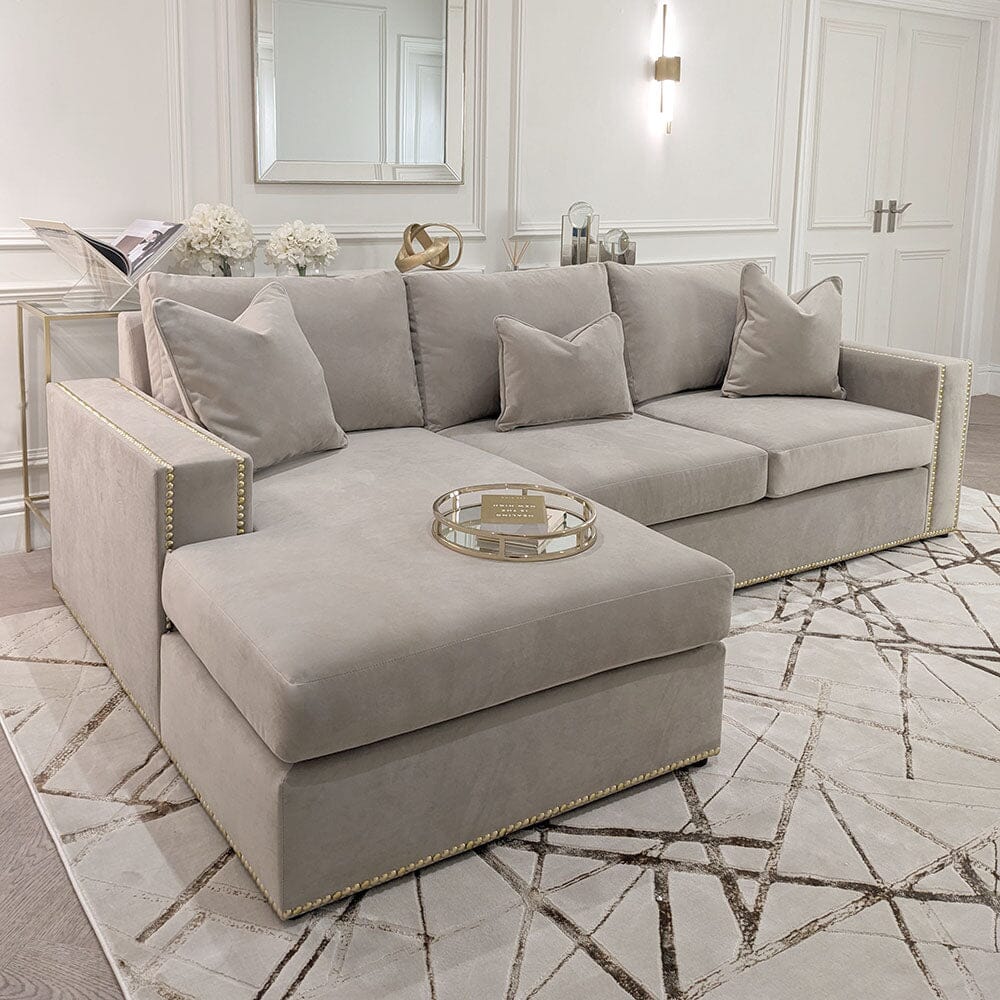 Kiara Mink Velvet Sofa Collection With Brass Studs – Rowen Homes