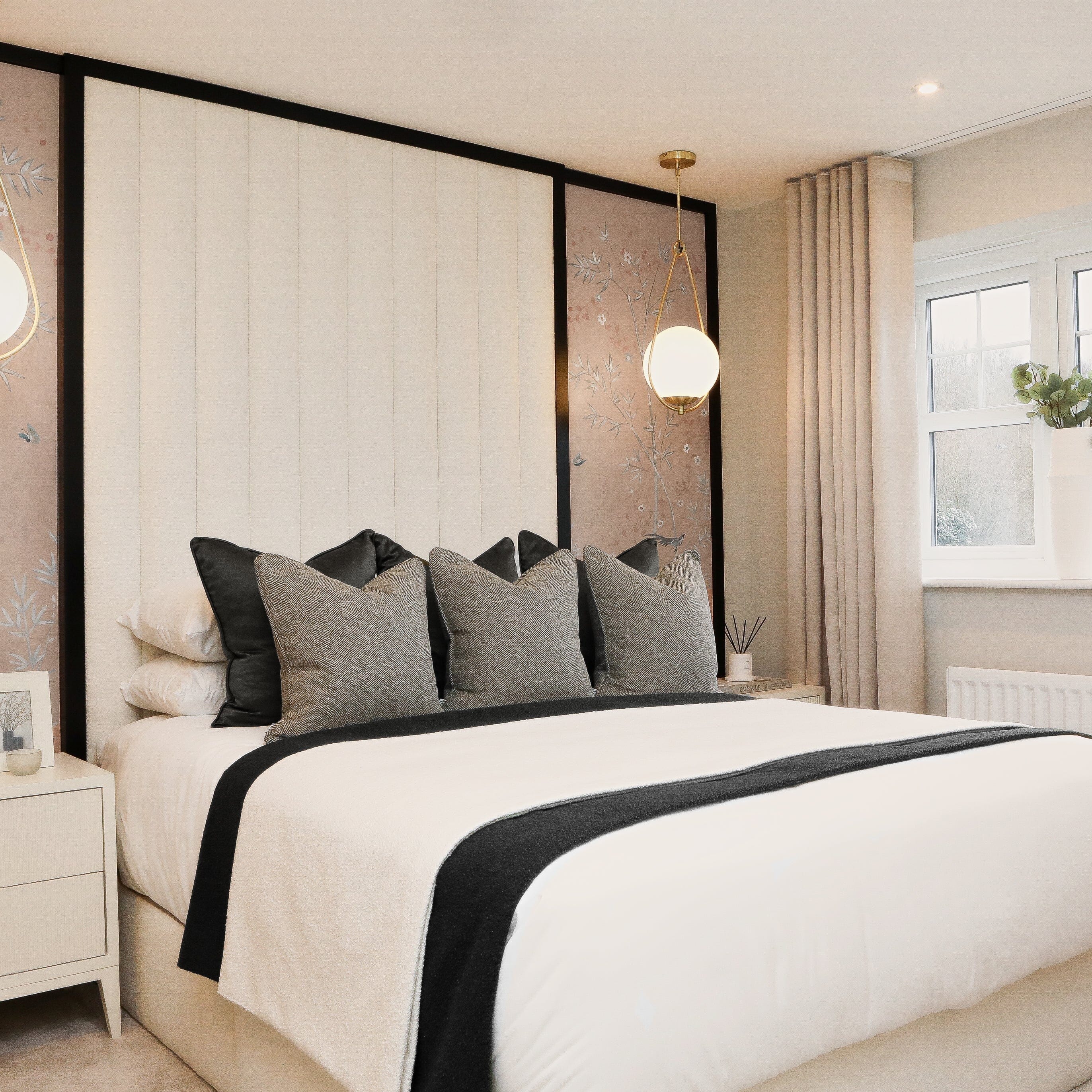 Valentina Cloud Boucle & Black Channelled Headboard – Rowen Homes